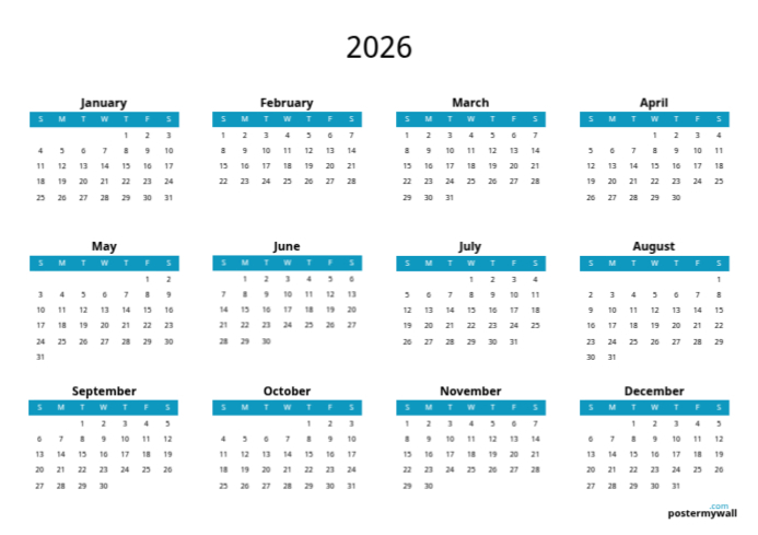 Plantilla de White List-based Simple 2026 Calendar A3 | PosterMyWall