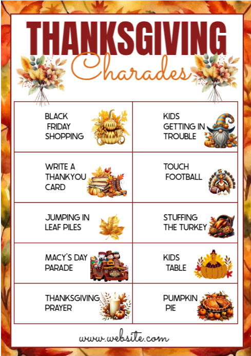 Plantilla de White List-based Thanksgiving Charades Game A4 | PosterMyWall