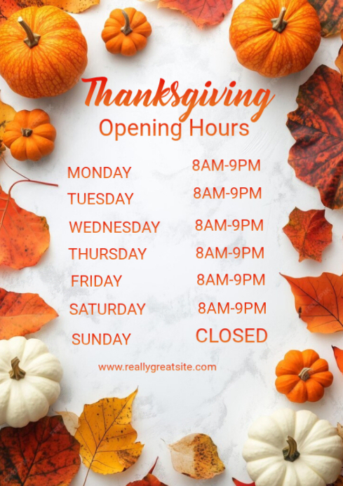 Modèle White List-based Thanksgiving Opening Hours A4 | PosterMyWall