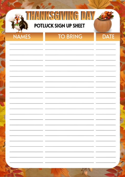 White List-based Thanksgiving Potluck Sign Up Sheet A4 Template ...