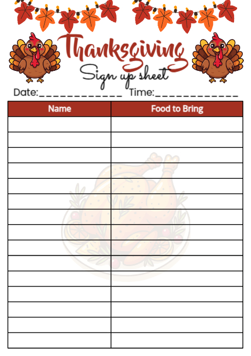 White List-based Thanksgiving Potluck Sign Up Sheet A4 Template ...