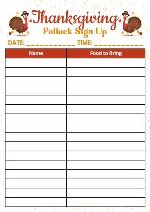 White List-based Thanksgiving Potluck Sign Up Sheet A4 Template ...