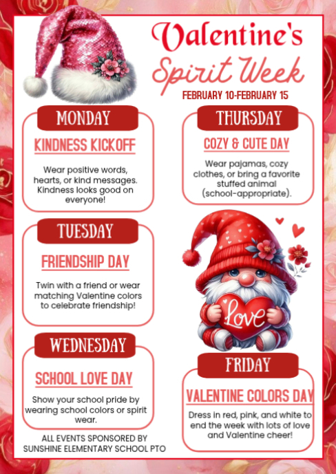 Plantilla de White List-based Valentines Spirit Week Event List A6 ...