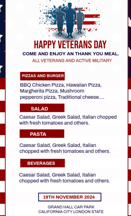 White List-based Veterans Day Free Meal Menu Template Us Legal ...