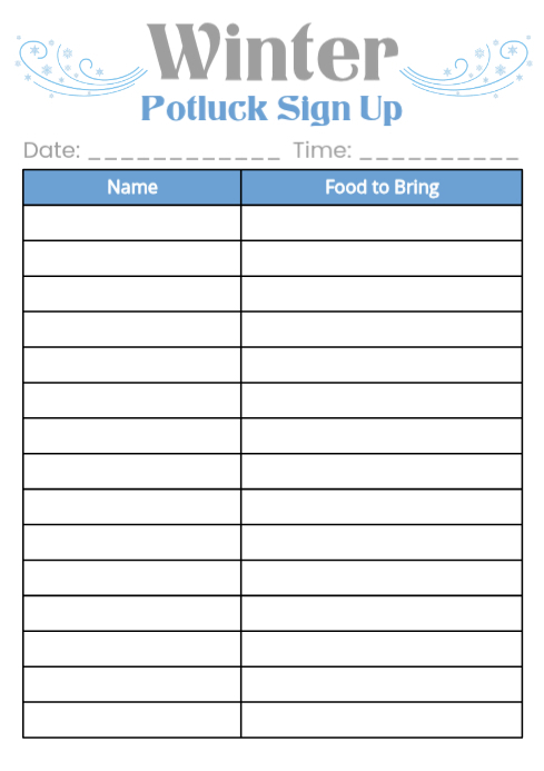 White List-based Winter Potluck Sign Up Sheet A4 Template | PosterMyWall