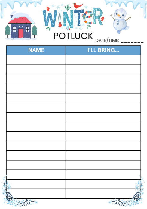 White List-based Winter Potluck Sign Up Sheet A4 Template | PosterMyWall