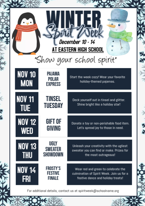 White List-based Winter Spirit Week Schedule A4 Template | PosterMyWall