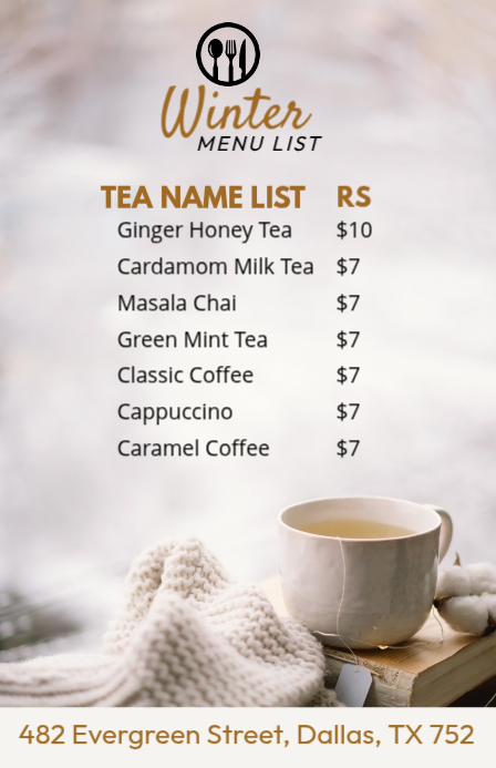 White List-based Winter Tea Menu Flyer Tabloid Template | PosterMyWall