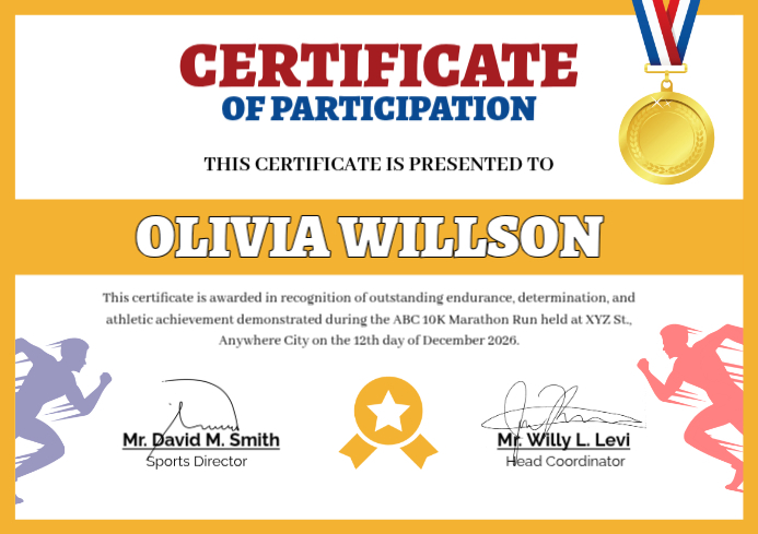 White Marathon Finisher Certificate of Participation A4 Template ...