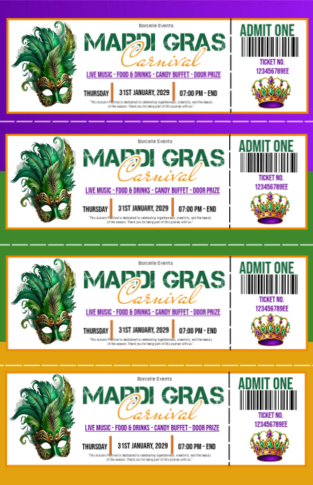 Plantilla de White Mardi Gras Carnival ticket Tabloid | PosterMyWall