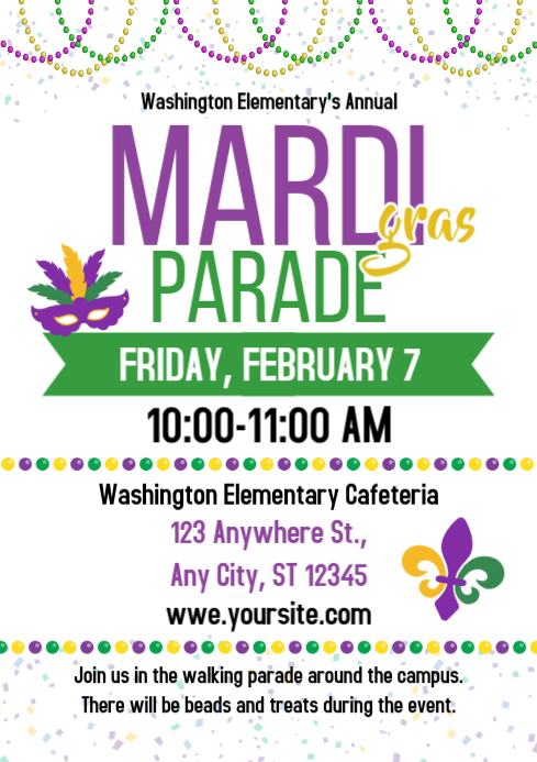 White Mardi Gras Parade A4 Template | PosterMyWall