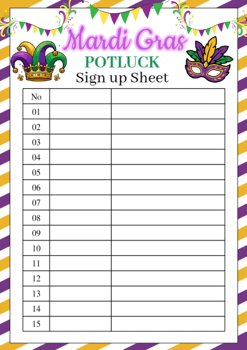 White Mardi Gras Potluck Sign-up A4 Template | PosterMyWall