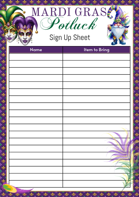 White Mardi Gras Potluck Sign-Up sheet A4 Template | PosterMyWall
