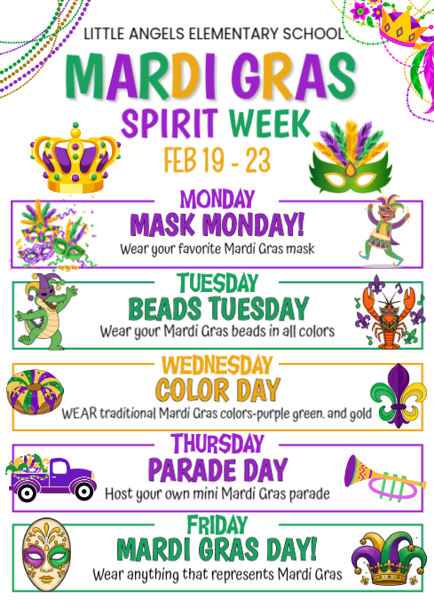 White Mardi Gras Spirit Week A4 Template | PosterMyWall