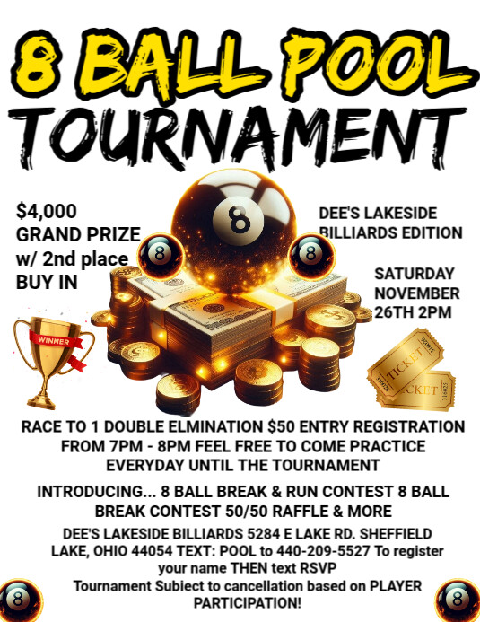 White Maximalist 8 Ball Pool Tournament Flyer Flyer (us Letter ...