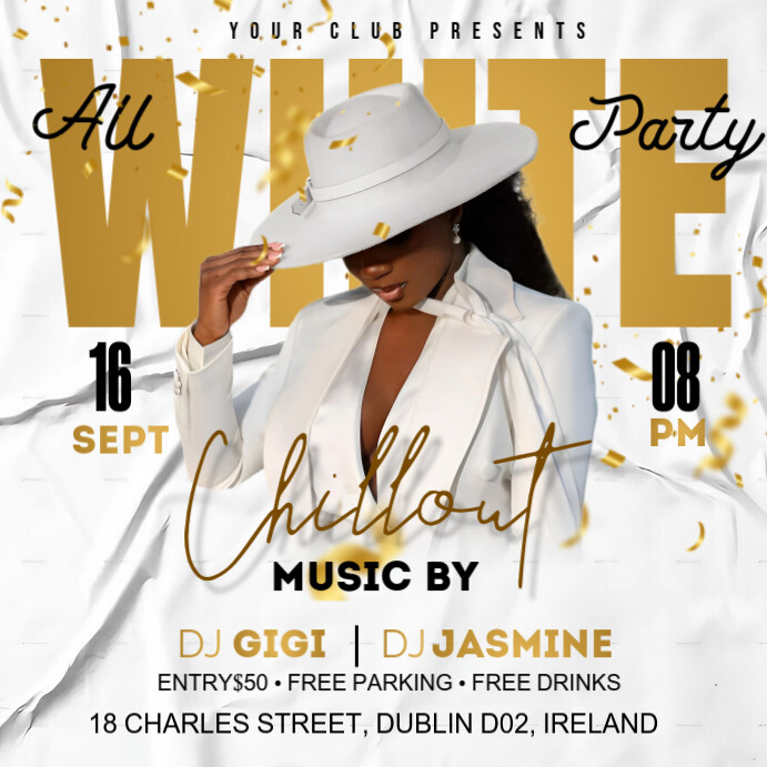 White Maximalist All White Party Instagram Post Template | PosterMyWall