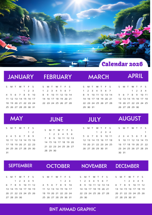 White Maximalist Calm Blue Paradise 2026 Wall Calendar A4 Template ...