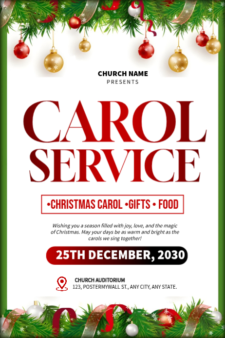 White Maximalist Christmas Carol Service Poster Template | PosterMyWall