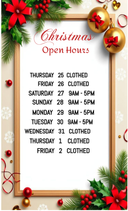White Maximalist Christmas Open Hours Us Legal Template | PosterMyWall