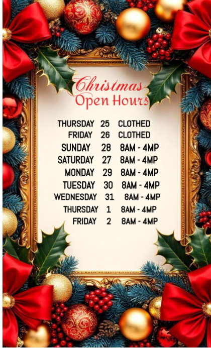 White Maximalist Christmas Open Hours Us Legal Template | PosterMyWall