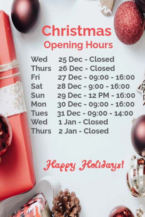 White Maximalist Christmas Opening Hours Poster Template | PosterMyWall