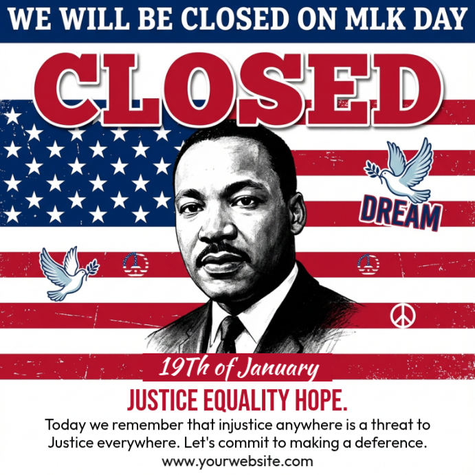 White Maximalist Closed For Mlk Day Instagram Post Template | PosterMyWall