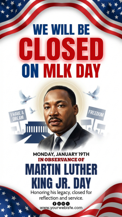 White Maximalist Closed For Mlk Day Instagram Story Template | PosterMyWall