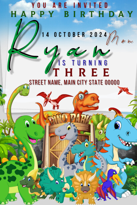 White Maximalist Dinosaur Birthday Poster Template | PosterMyWall