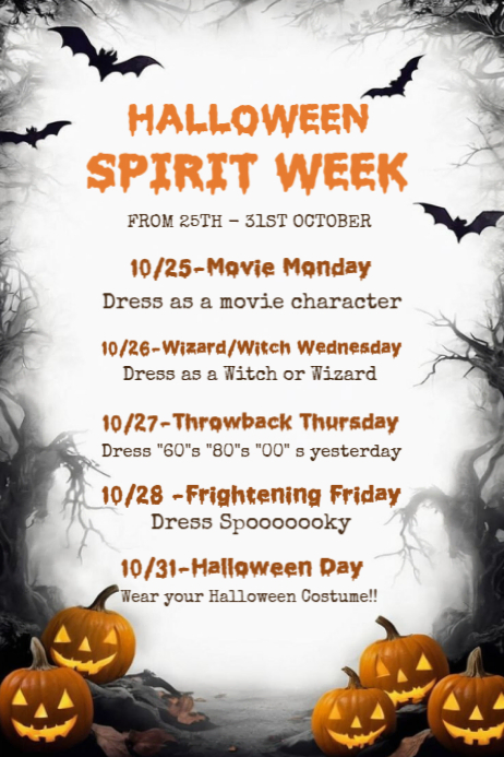 White Maximalist Halloween Spirit Week Poster Template | PosterMyWall