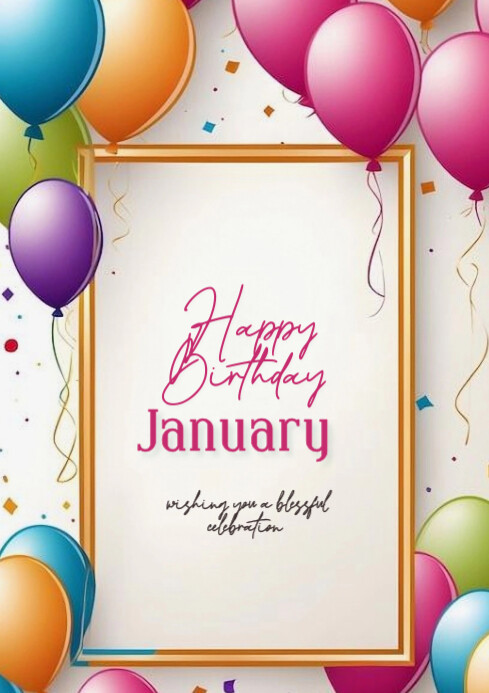 White Maximalist Happy Birthday January A4 Template | PosterMyWall