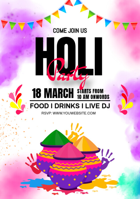 White Maximalist Holi Celebration Party Advertising Flyer A4 Template ...
