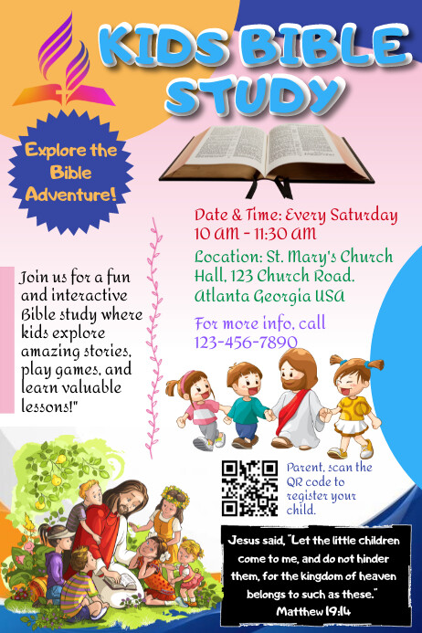Copy of White Maximalist Kids Bible Study Children Ac | PosterMyWall