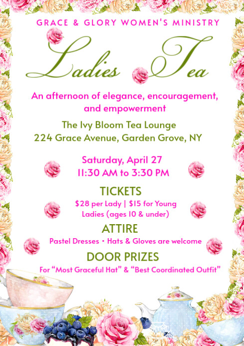 White Maximalist Ladies Tea Party Flyer A4 Template | PosterMyWall