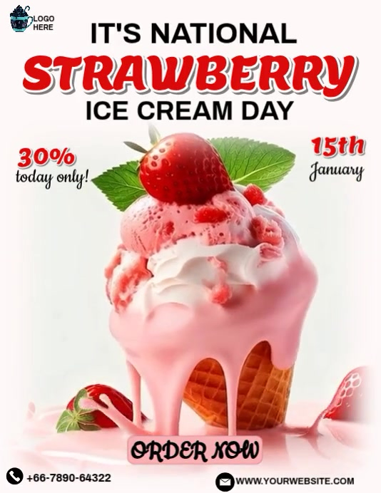 White Maximalist National Strawberry Ice Cream Day Flyer (us Letter ...