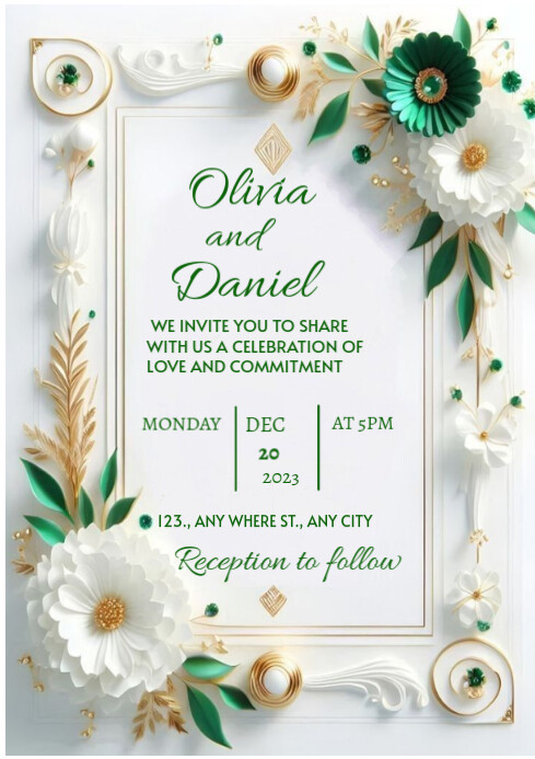 White Maximalist Orange And Green Wedding Invitation A4 Template ...