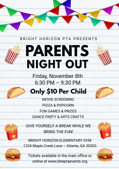 White Maximalist Parents Night Out Flyer A4 Template | PosterMyWall