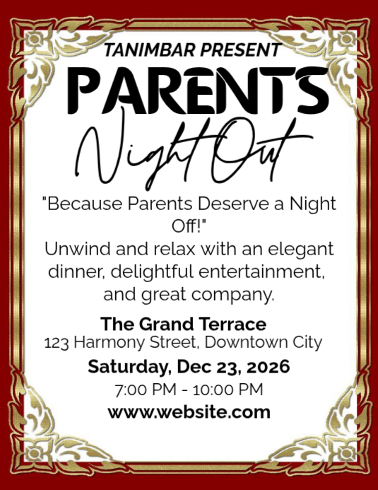 White Maximalist Parents Night Out Flyer Template | PosterMyWall