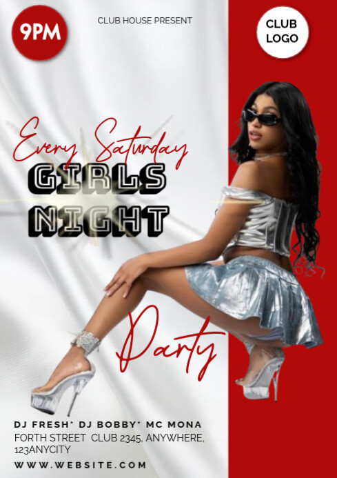 White Maximalist Red White Background Every Saturday Girls Night Party ...