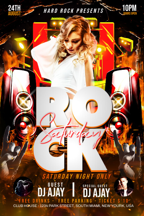 White Maximalist Saturday Rock Night Party Flyer Poster Template ...