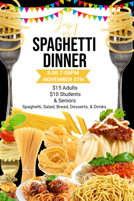 White Maximalist Spaghetti Dinner Poster Template | PosterMyWall