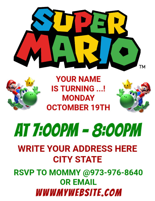 Plantilla de White Maximalist Super Mario Flyer (us Lette | PosterMyWall