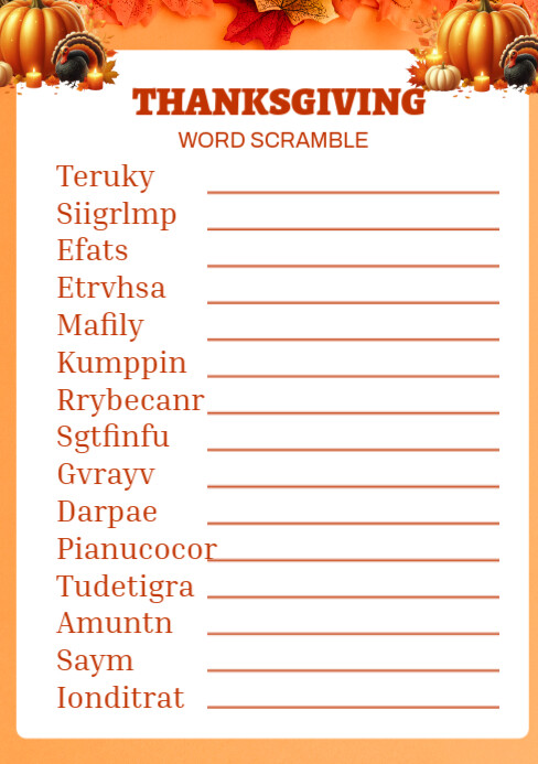 Copy of White Maximalist Thanksgiving Word Scramble A5 | PosterMyWall