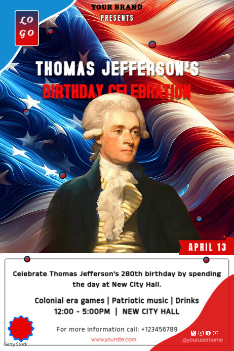 White Maximalist Thomas Jefferson's Birthday Poster Template | PosterMyWall