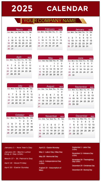 Copy of White And Red Maximalistic 2025 Editable Calendar With Company ...