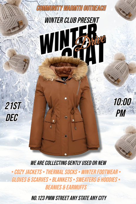 White Maximalist Winter Coat Drive Poster Template | PosterMyWall