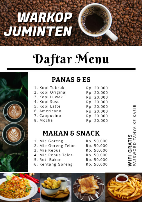 White Menu Warung Kopi A4 Template | PosterMyWall