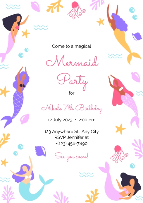 White Mermaid Party Birthday Invitation Card Template | PosterMyWall