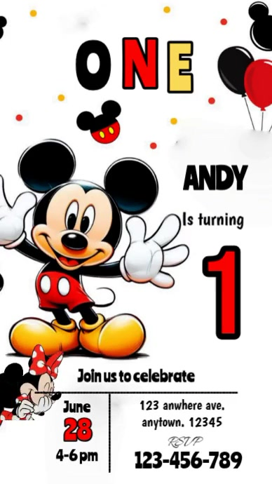 White Mickey Mouse Birthday Invitation Digital Display Video Template ...