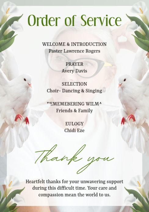 White Minimal Funeral Order of Service A5 Template | PosterMyWall