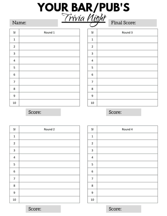 White Minimal Printable Trivia Night Answer Sheet Flyer (us Letter ...